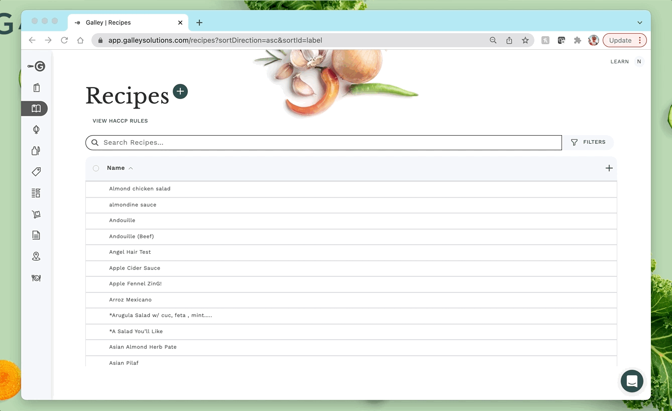 How do I sort recipes and ingredients?